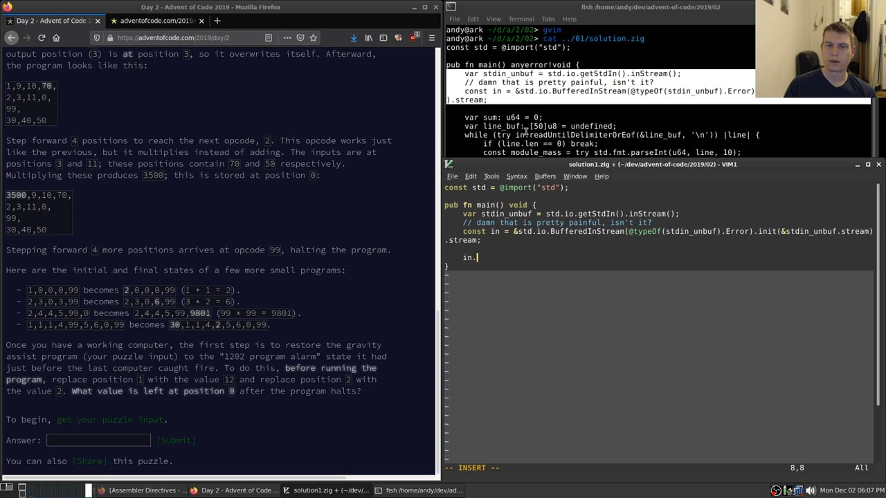 Zig Live Coding - Advent of Code 2019, Day 2 on Vimeo
