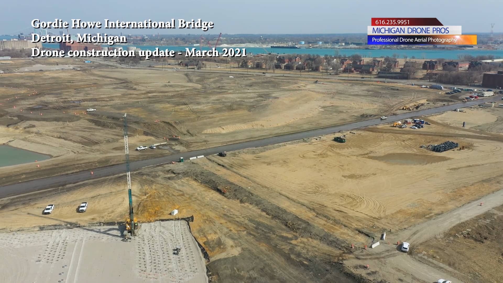 DRONE VIEW of new Gordie Howe International Bridge construction - March ...