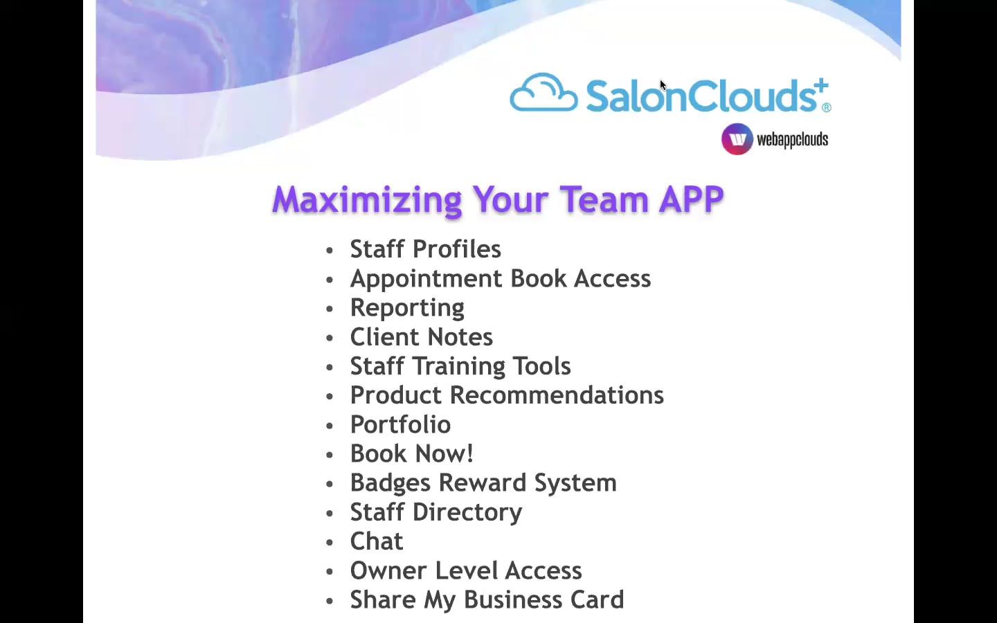SalonCloudsPlus LIVE Webinar: Maximizing Your Team APP on Vimeo