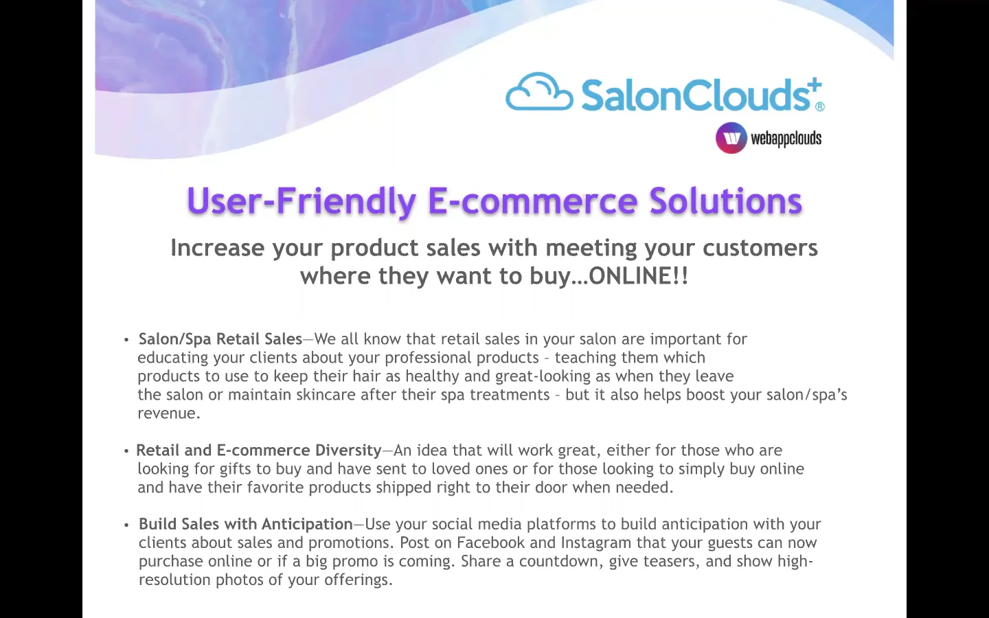 SalonCloudsPlus LIVE Webinar: User-Friendly E-commerce Solutions