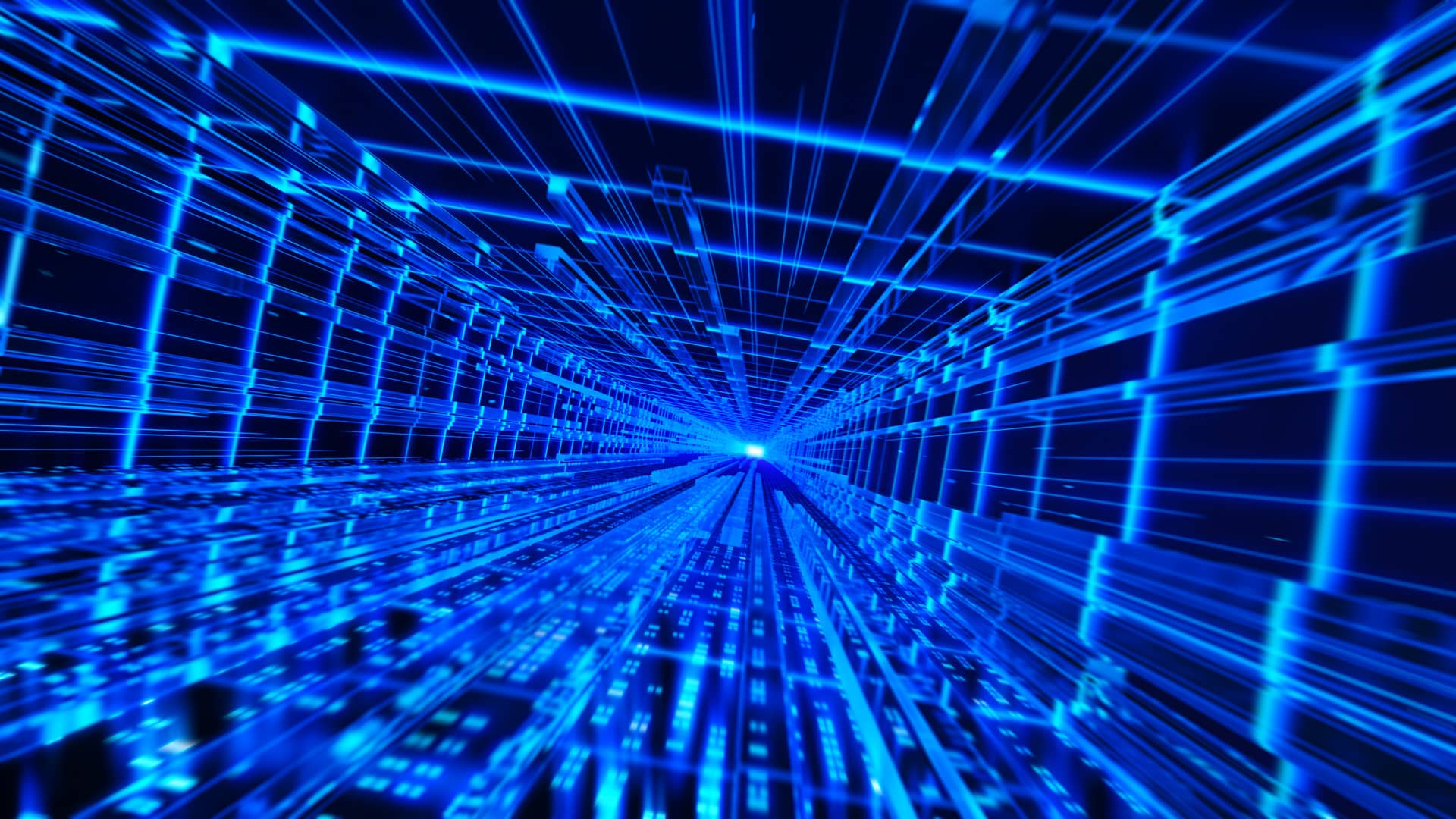 4K Cyberspace Concept of a Server Hallway Filled with Data Technology ...