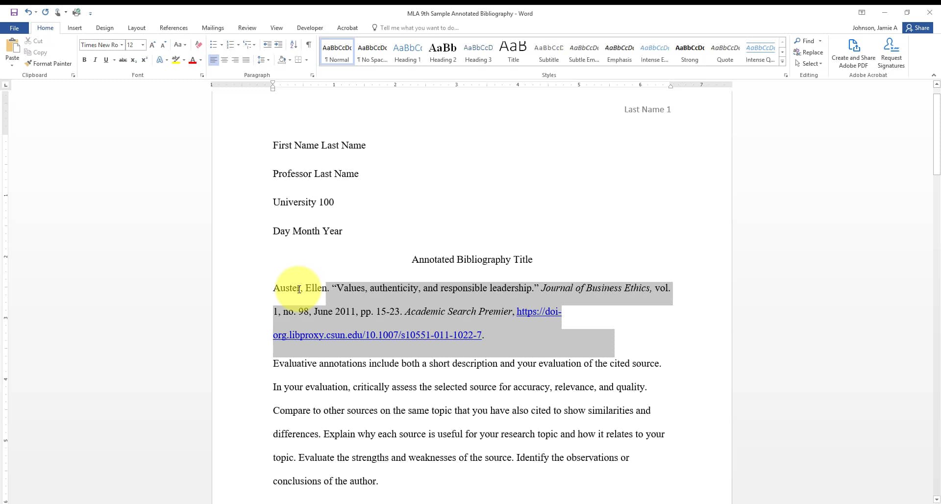 MLA 9th Edtion Annotated Bibliography, hanging indent on Vimeo