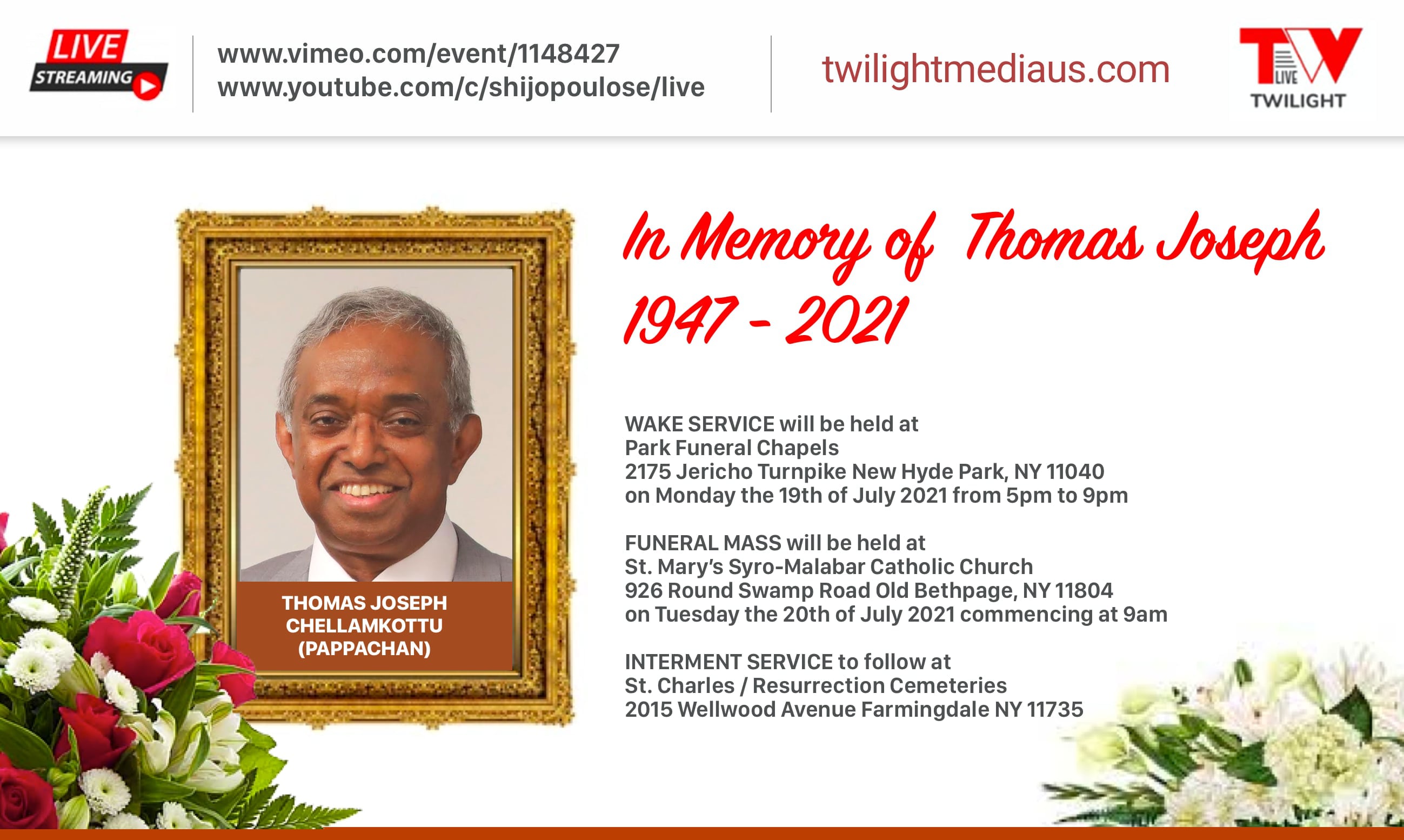 THOMAS JOSEPH Wake & Funeral Service LIVE on Vimeo