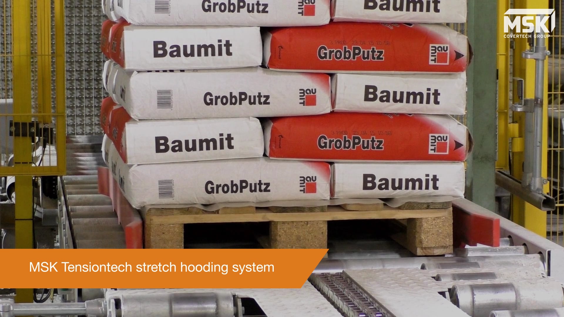 Stretch wrap packaging of cement bags with MSK Tensiontech at Baumit on ...