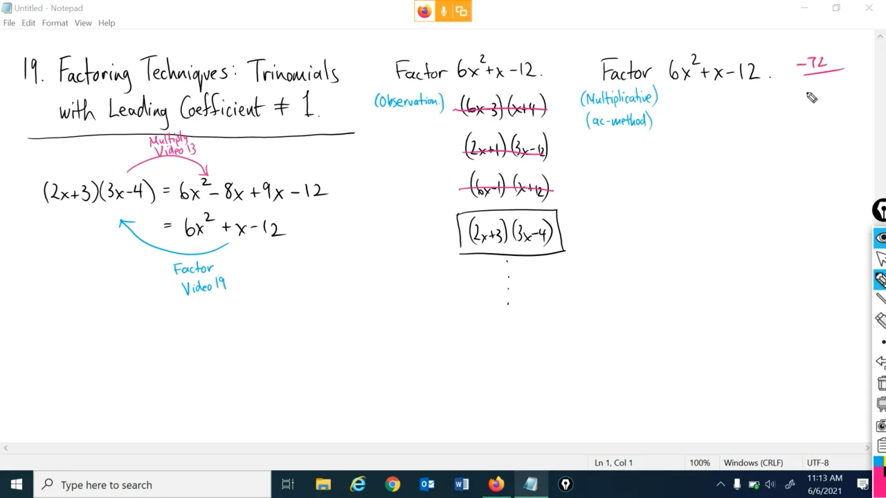19 Factoring Trinomials with Leading Coefficient Not 1 on Vimeo