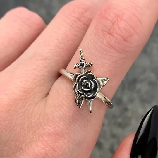 RHAPSODY. Dagger Through Rose Ring Silver