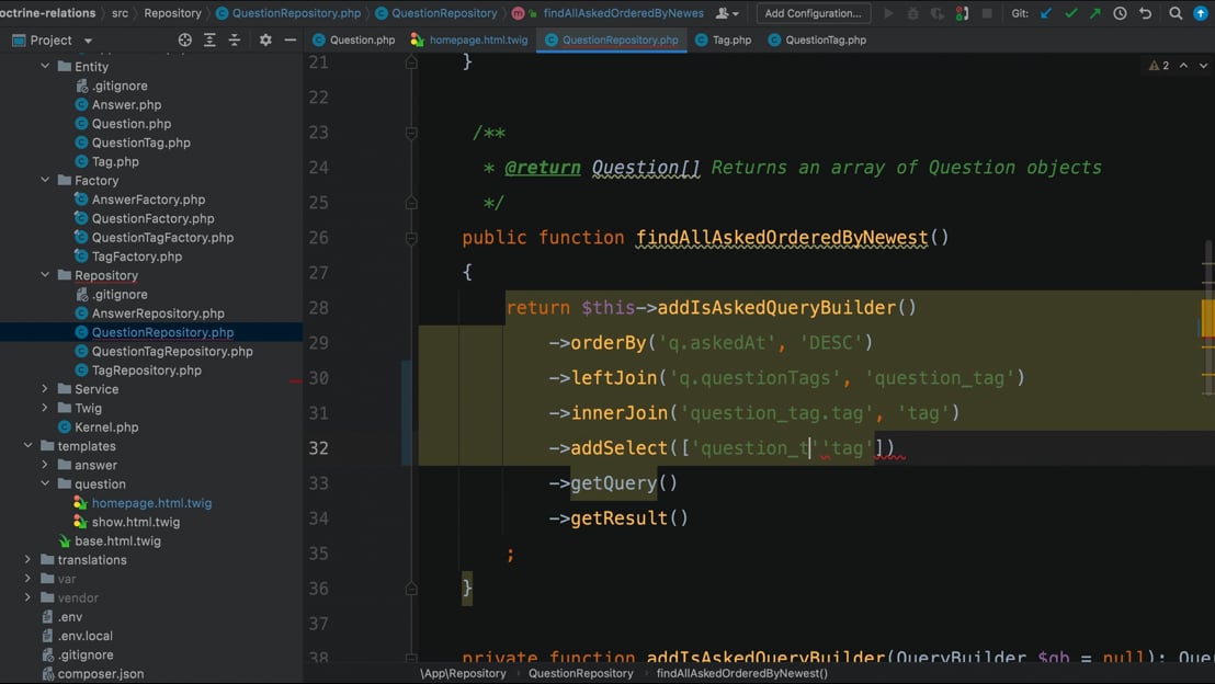 JOINing Across Multiple Relationships > Symfony 5: Mastering Doctrine Relations | SymfonyCasts