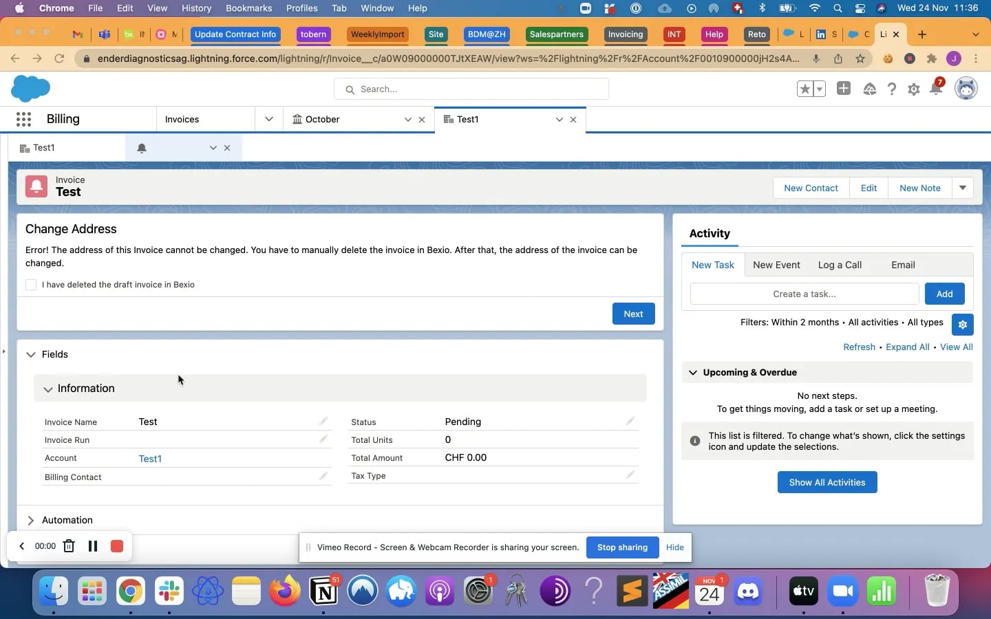 How to change an invoice address in Salesforce on Vimeo