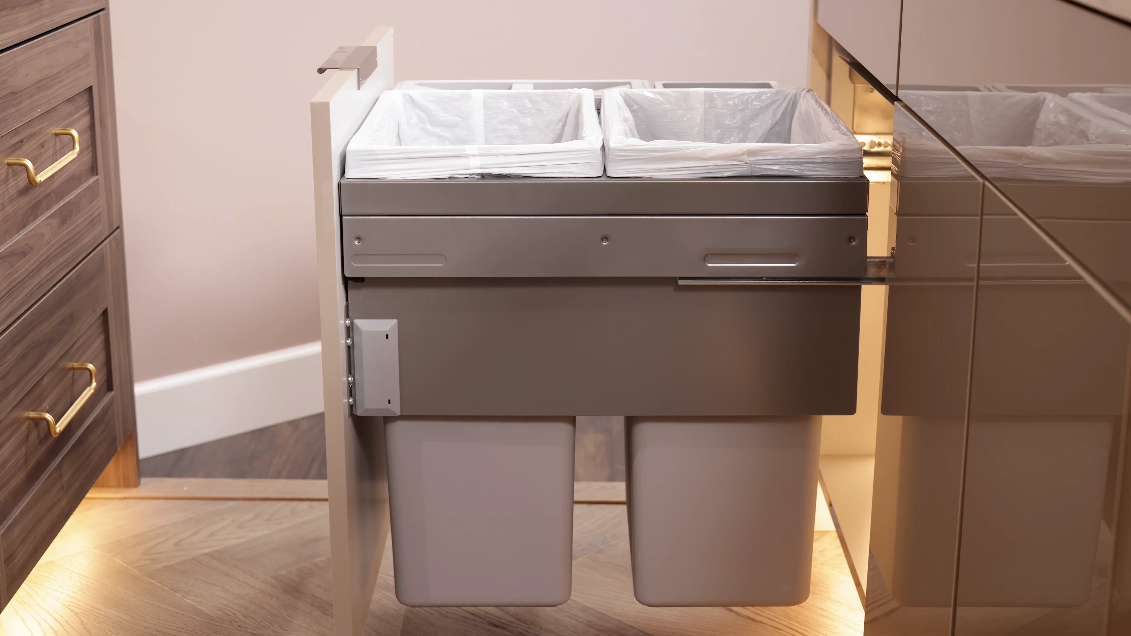 Modern Glam Kitchen- Double Bin Wastebasket | Wellborn Cabinet on Vimeo
