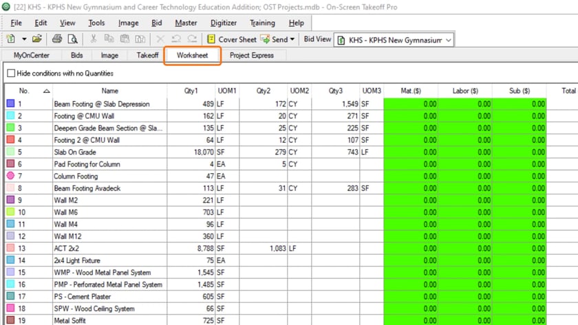 On-Screen Takeoff Program Tabs - Worksheet Tab - On Center Software