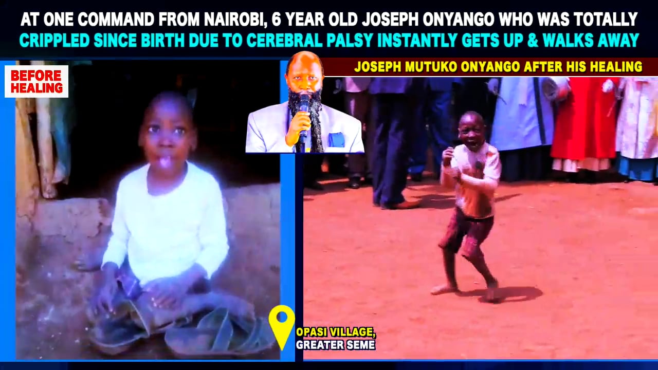 JOSEPH ONYANGO WHO WAS CRIPPLED BY CEREBRAL PALSY GETS UP AND WALKS AWAY AT THE DECREE OF THE ...