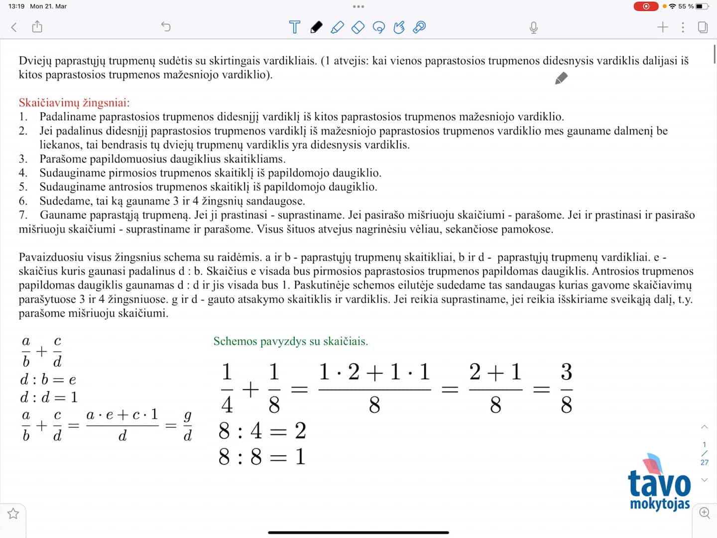 Dviejų paprastųjų trupmenų sudėtis su skirtingais vardikliais. 1 atvejis. on Vimeo