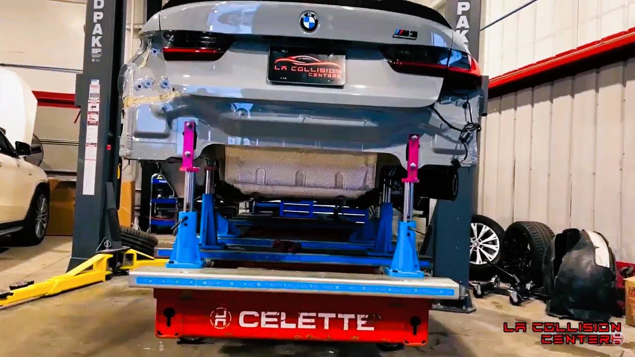BMW M3 G20 quarter panel replacement on Celette bench with dedicated ...