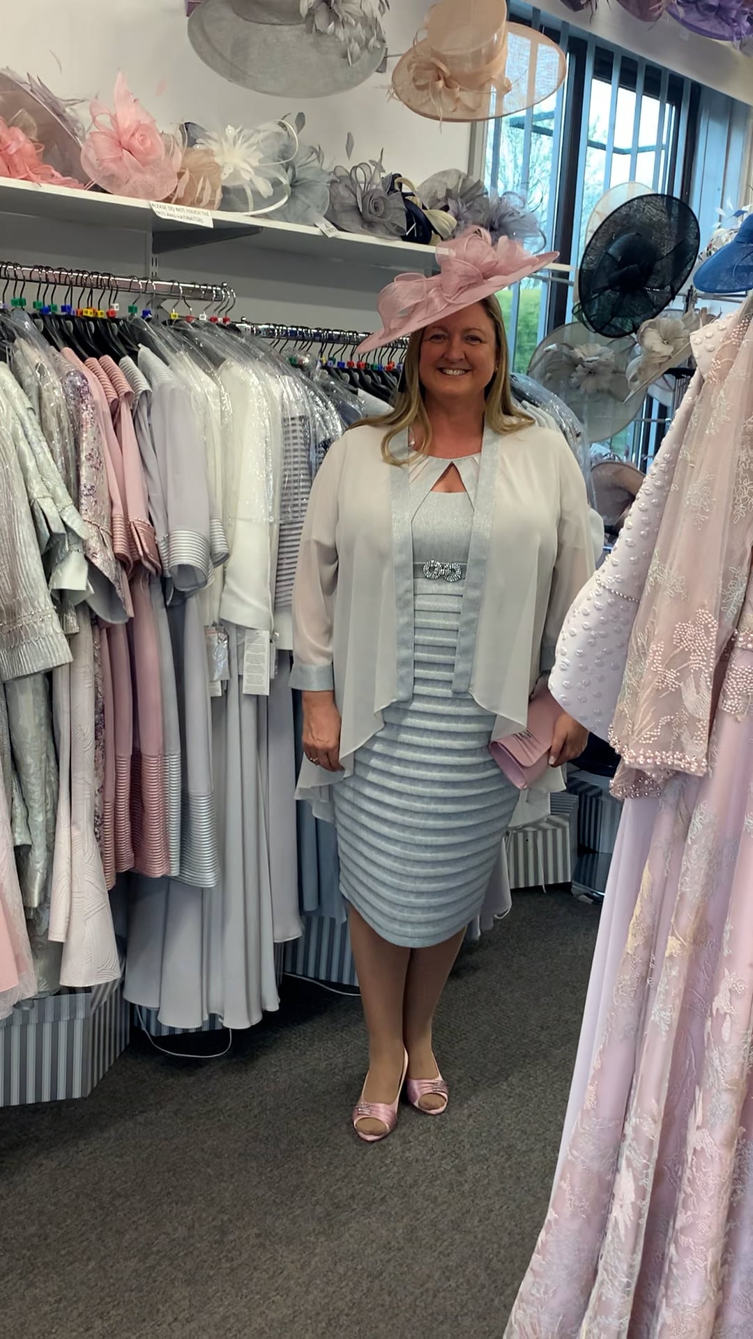 Plus size pale silver fitted dress and floaty chiffon jacket