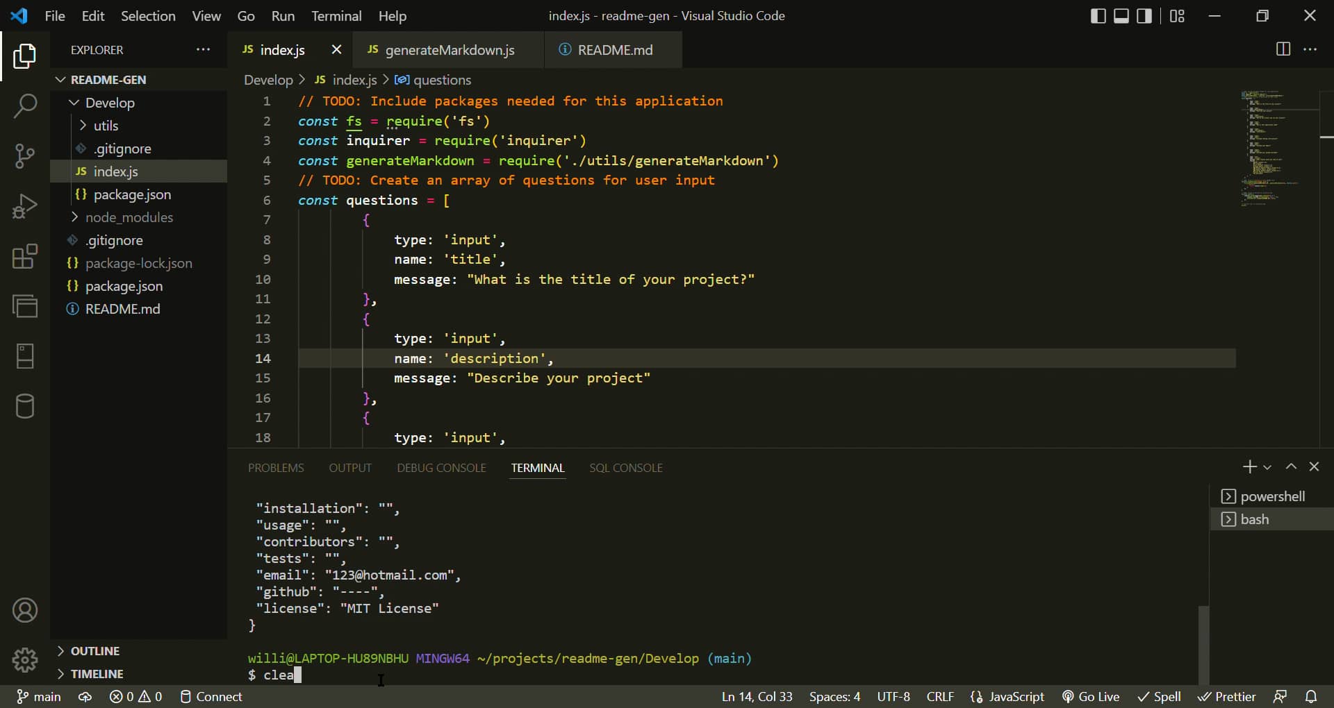 indexjs - readme-gen - Visual Studio Code 2022-05-18 18-11-22 on Vimeo