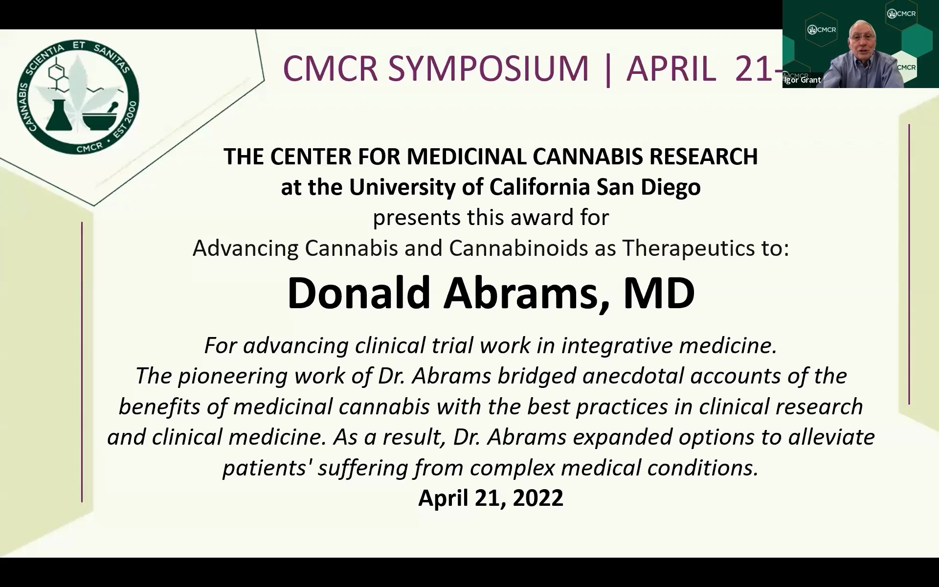 Donald Abrams, MD - 2022 CMCR Award for Advancing Cannabis and ...