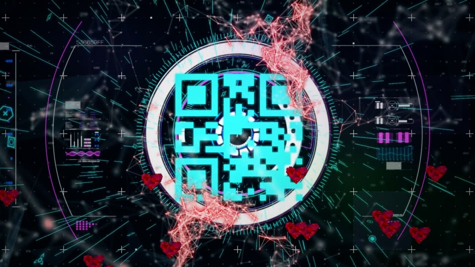 Animation Of Hearts Floating Over Qr Code And Data Processing On Black