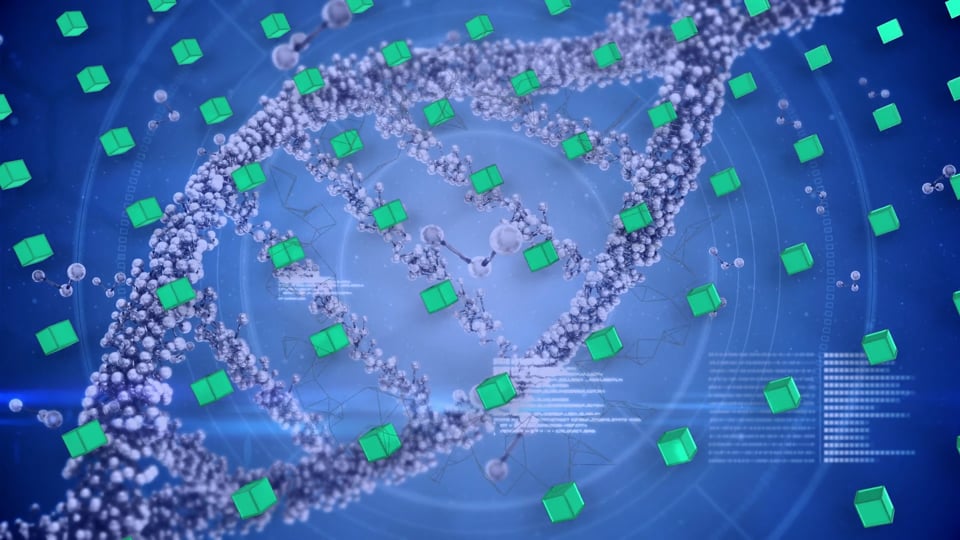 Animation of dna strand and rows of green cubes over data processing ...