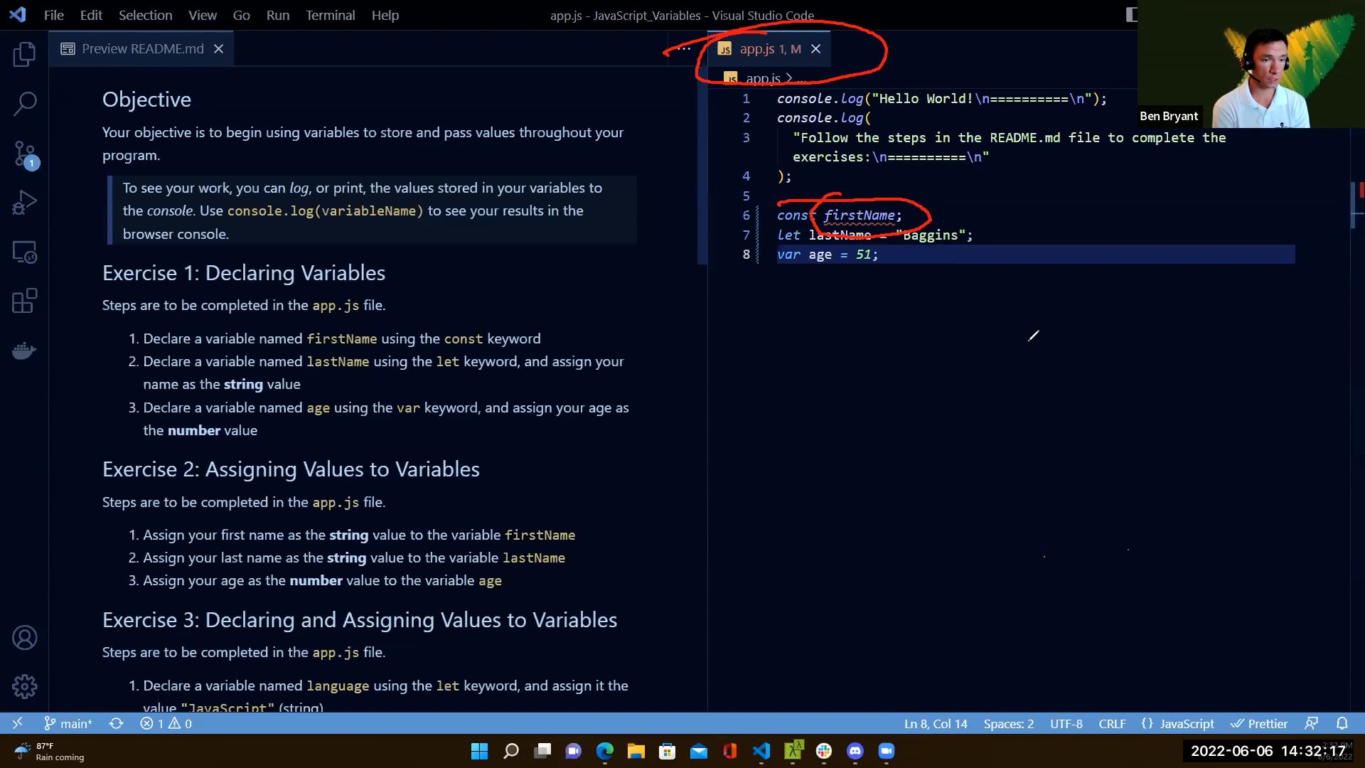 JavaScript Variables Exercises on Vimeo