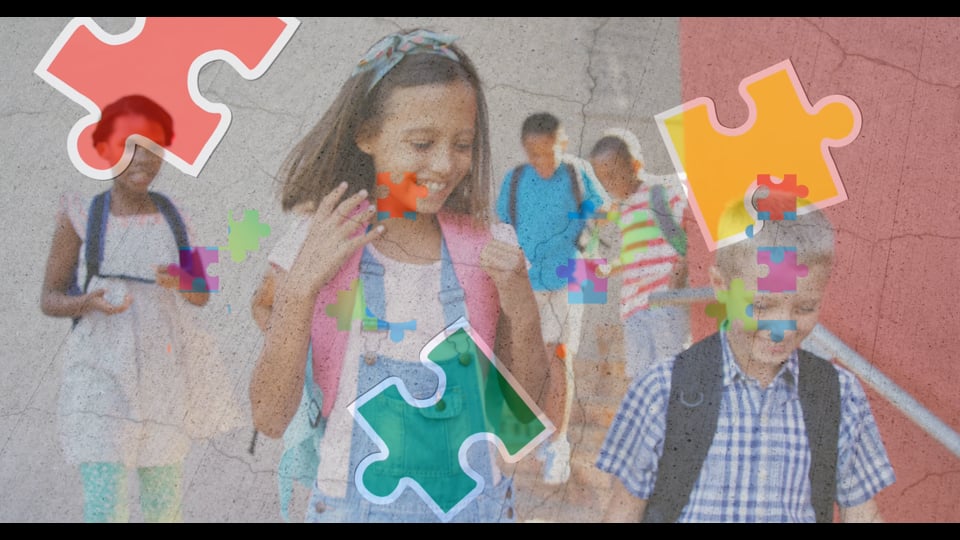 Animation of colorful puzzle and hope over happy diverse school ...