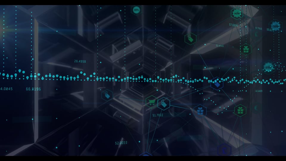 Data processing and network of digital icons over hexagonal tunnel against black background ...