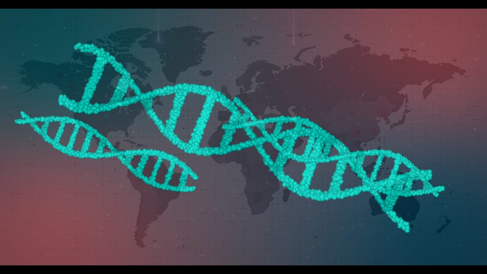 Animation of dna strands spinning and glowing spots over world map ...