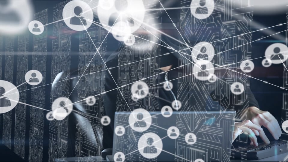 Animation of network of connections with icons over integrated circuits ...