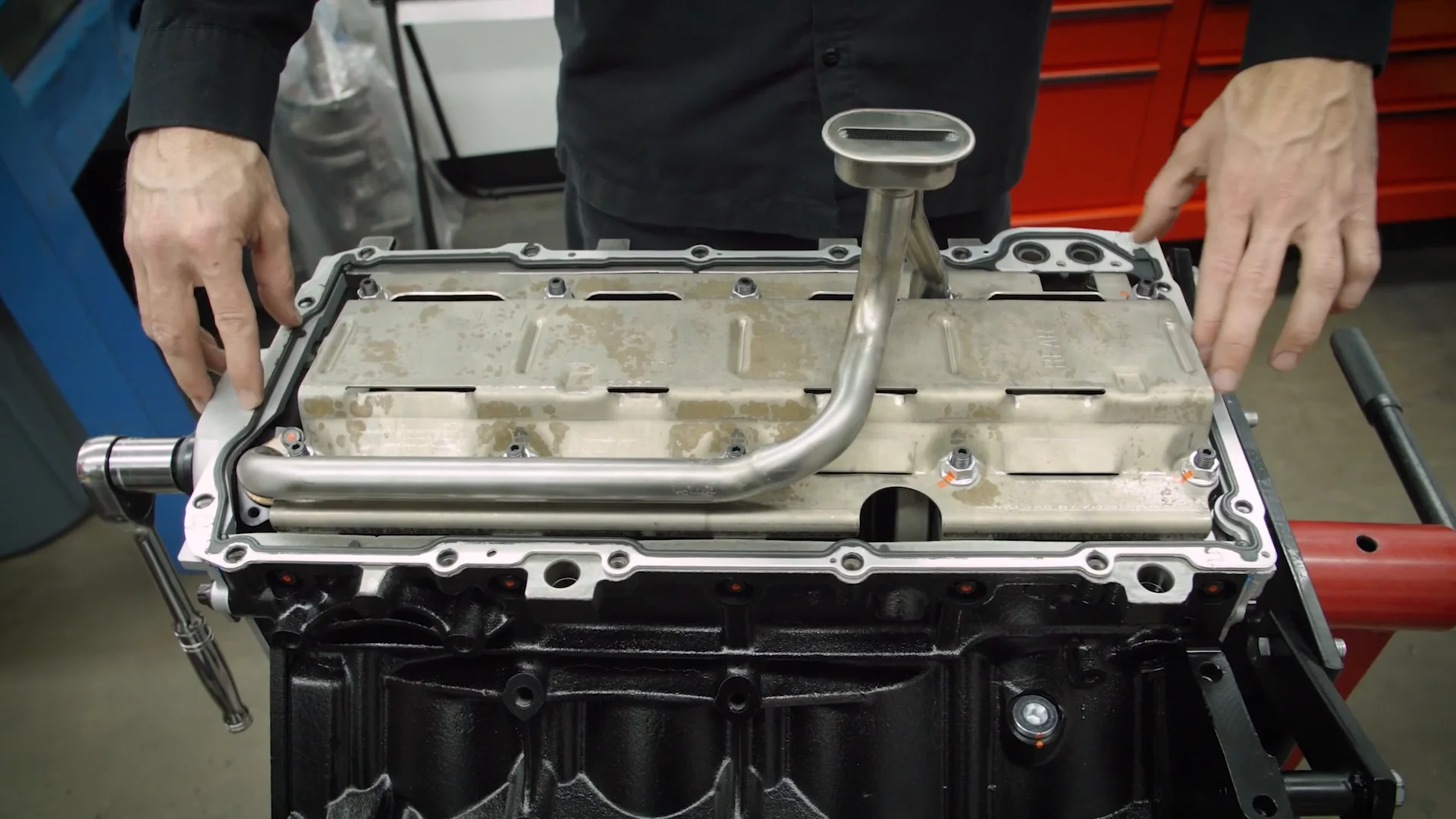 How to Install a LS Oil Pan - Summit Racing LS Engine Build on Vimeo