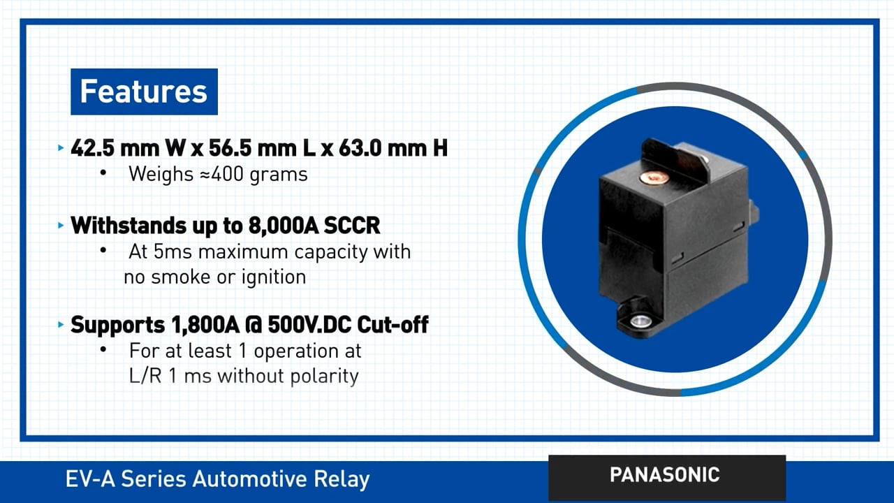 Panasonic’s EV-A Series Automotive Relay (DC Contactor) on Vimeo