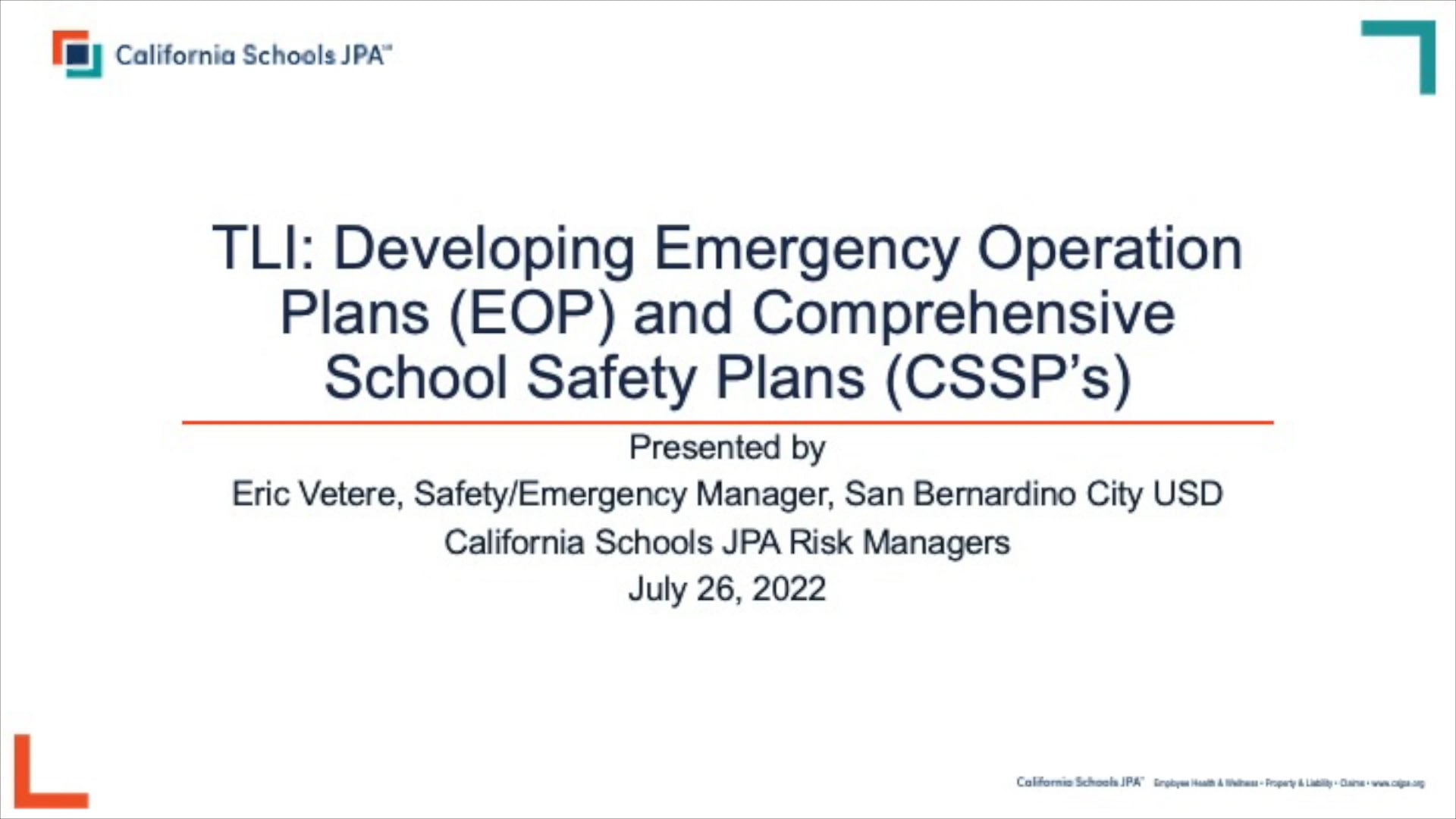 Developing Emergency Operation Plans (EOP) and Comprehensive School ...