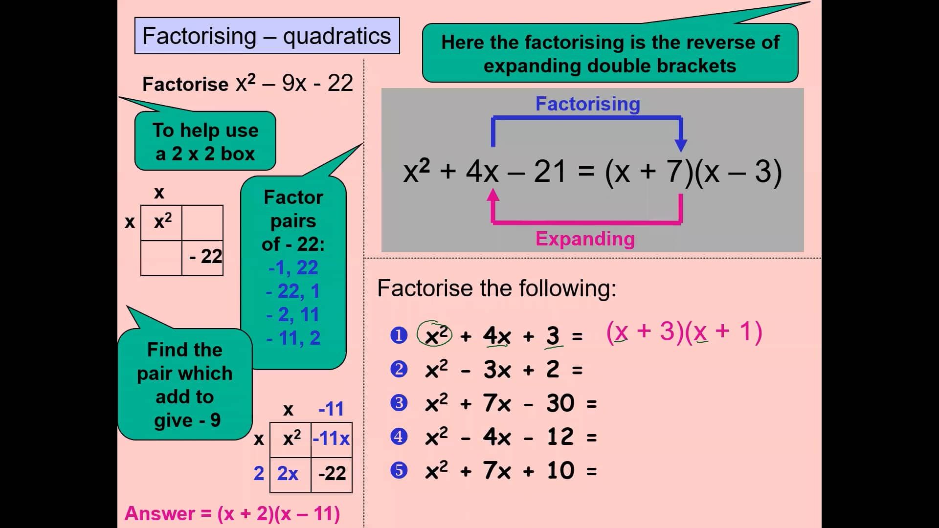 Algebra - factorising quadratics part 2.mp4 on Vimeo