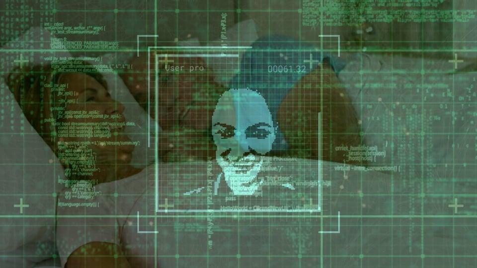 Animation of data processing with people portraits over senior ...