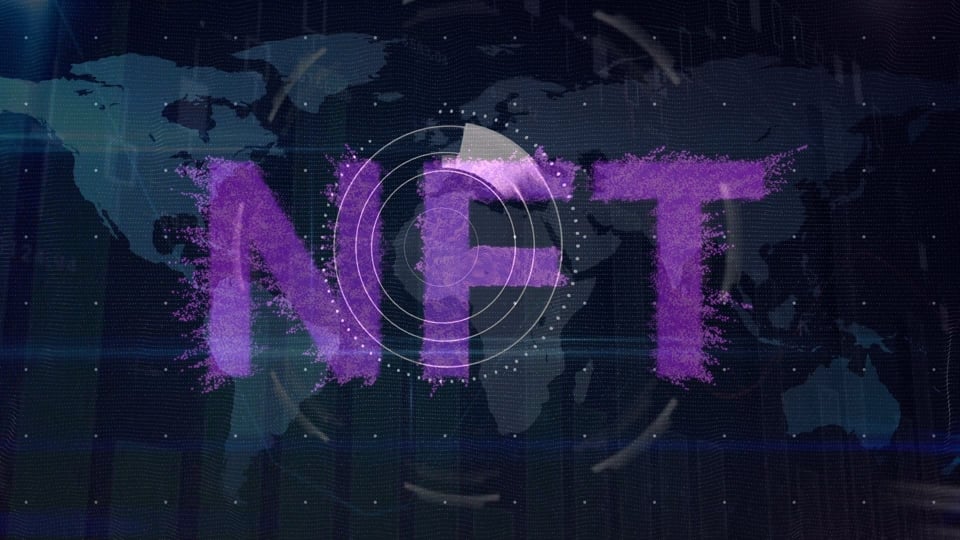 Animation of data processing with nft text over world map and scope scanning Video from Pikwizard