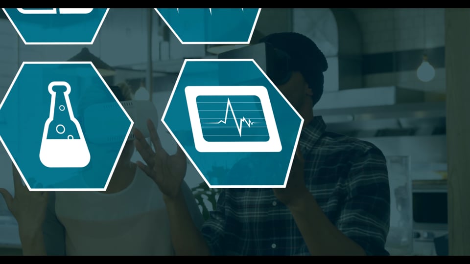 Animation of science icons over two diverse people using vr headsets ...