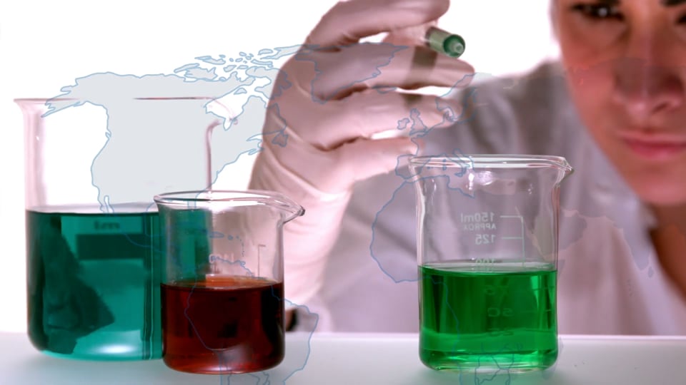 Animation Of World Map With Data Processing Over Caucasian Female Scientist And Beakers With 