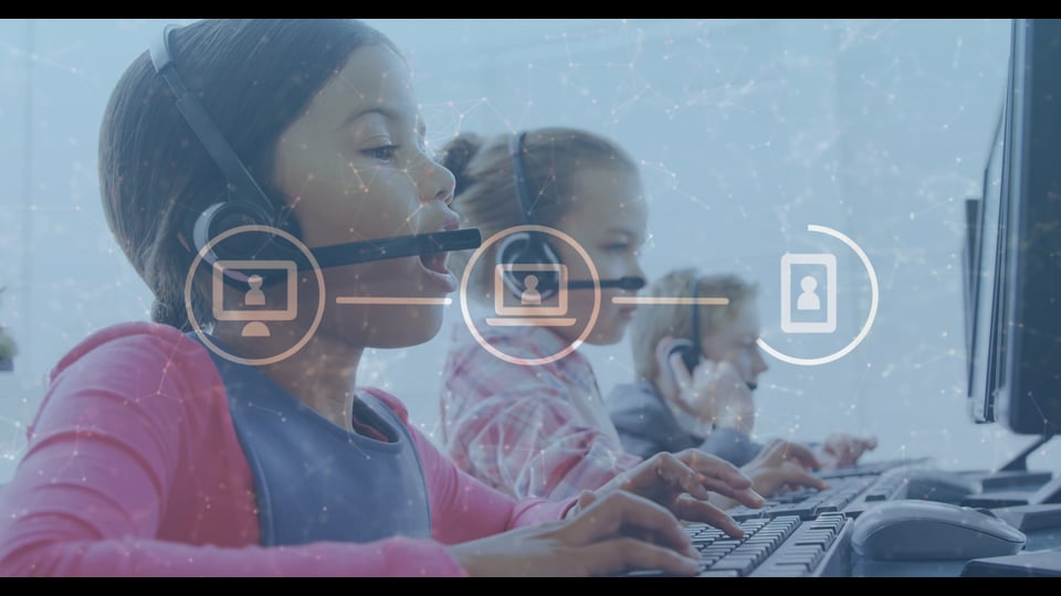 Animation of digital icons over diverse students wearing phone headset ...