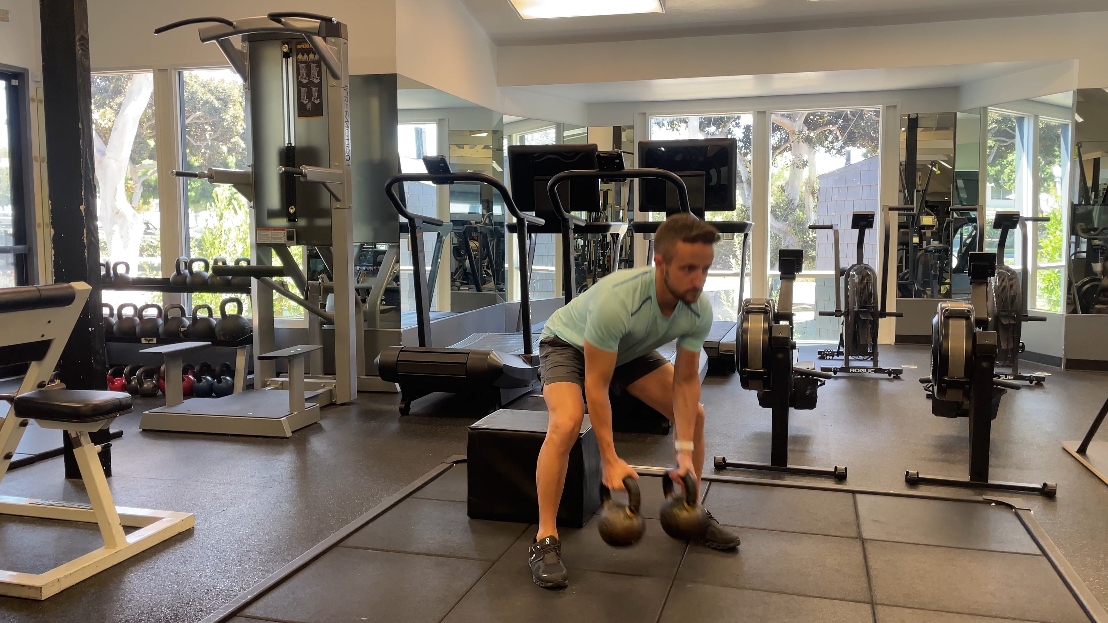 Double KB Front Rack Box Squat on Vimeo