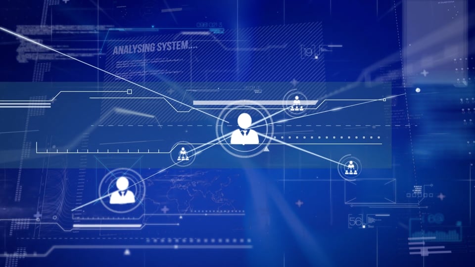 Digitally generated image of people icons connecting with lines over moving graphs and coding ...