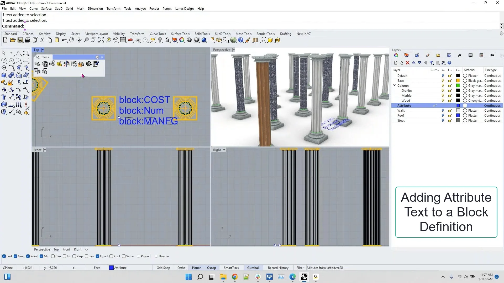 Rhino Block Tutorial - 06 Adding Attribute Text to Blocks on Vimeo