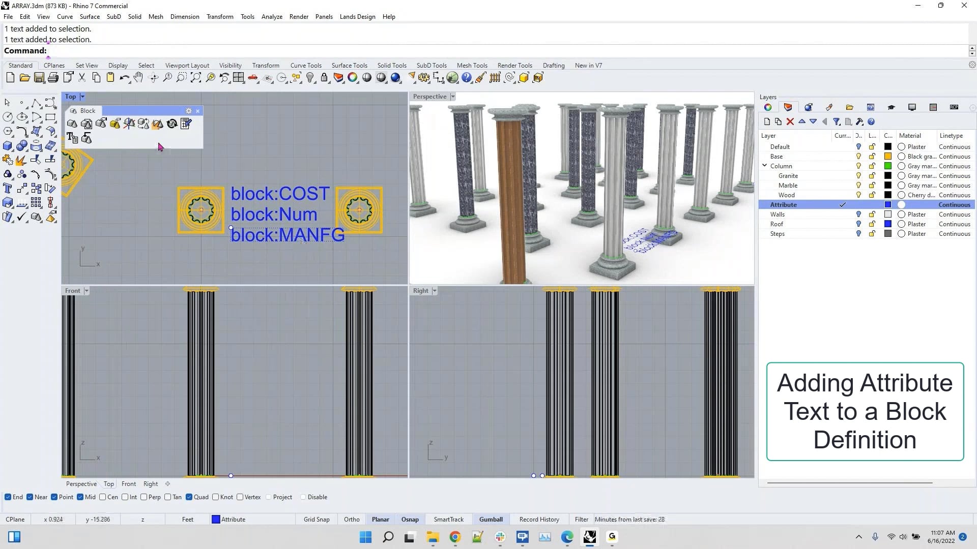 Rhino Block Tutorial - 06 Adding Attribute Text to Blocks on Vimeo