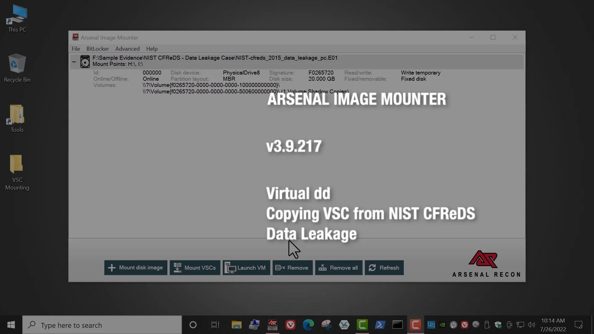Arsenal Image Mounter v3.9.217 - Virtual dd - Copying VSC from NIST ...