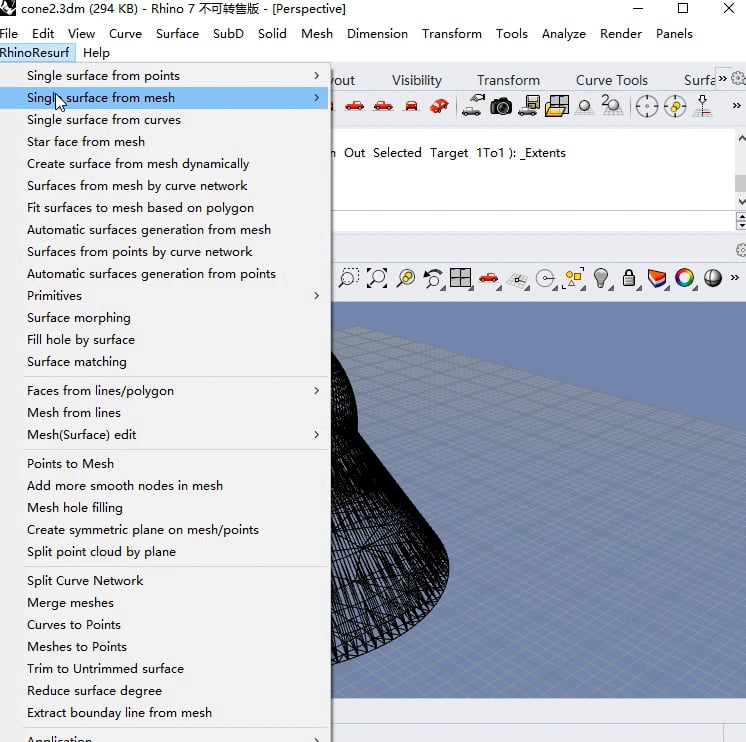 RhinoResurf for Rhino: run command RsMesh2Surf to fit plane from mesh on Vimeo