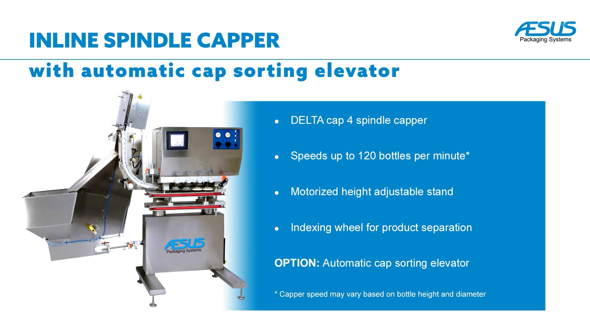 Aesus, Inline Spindle capper with cap sorting elevator on Vimeo