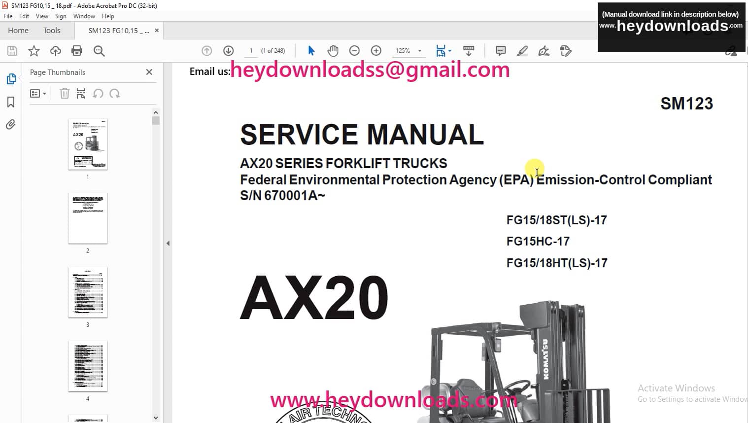 Komatsu FG15/18ST(LS)-17 FG15HC-17 FG15/18HT(LS)-17 AX20 Series Forklift Trucks Service Manual ...