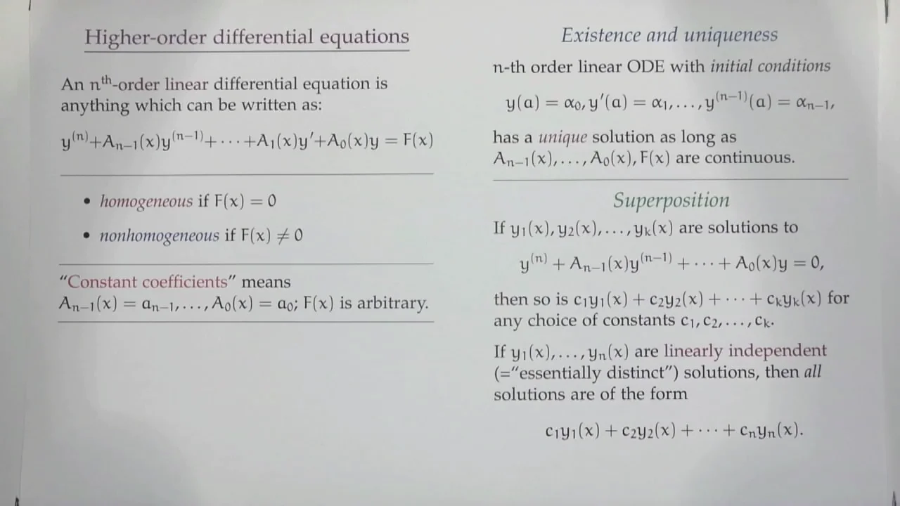 Differential Eqns. F22-09 -- Higher order ODEs + Wronskian