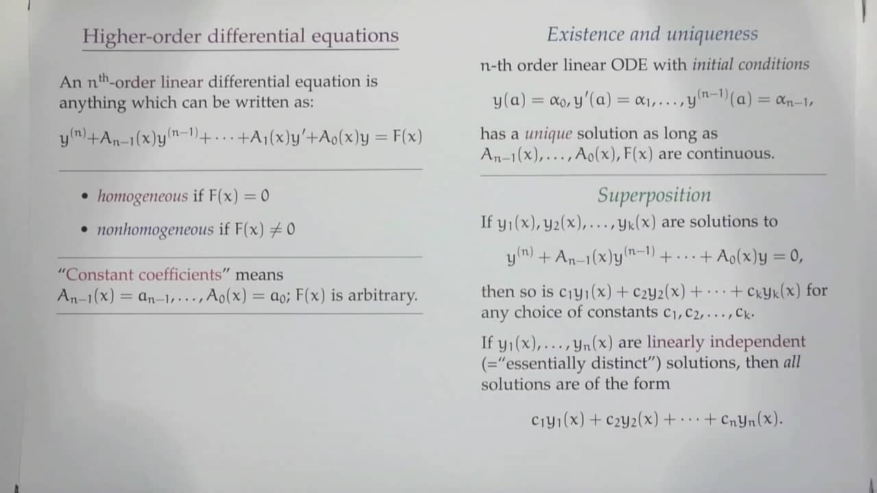 Differential Eqns. F22-09 -- Higher order ODEs + Wronskian on Vimeo