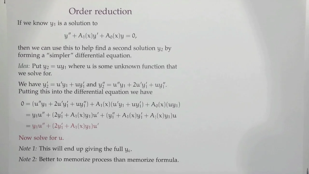 Differential Eqns. F22-11 -- Order reduction + Constant coefficient linear homogeneous ODEs