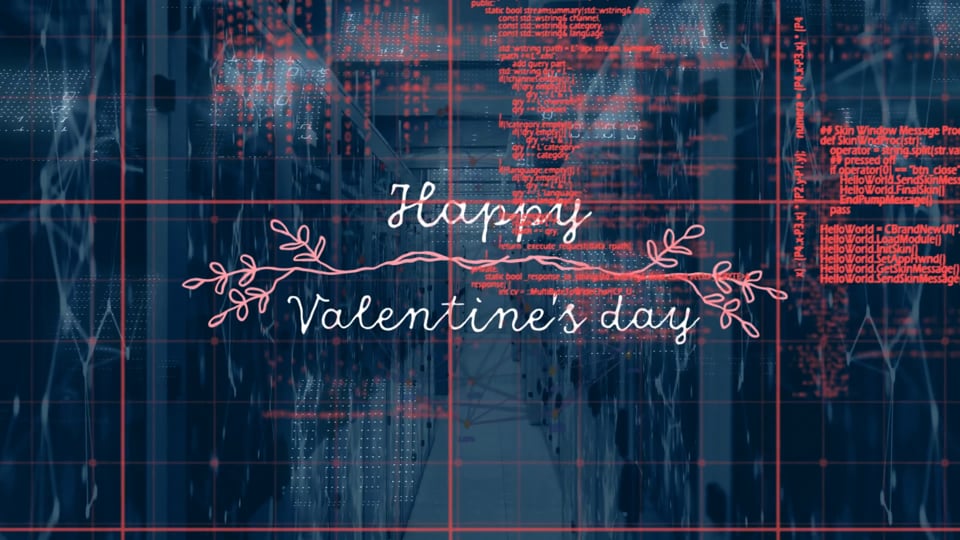 Animation Of Happy Valentines Day Text Banner Over Data Processing Against Computer Server Room