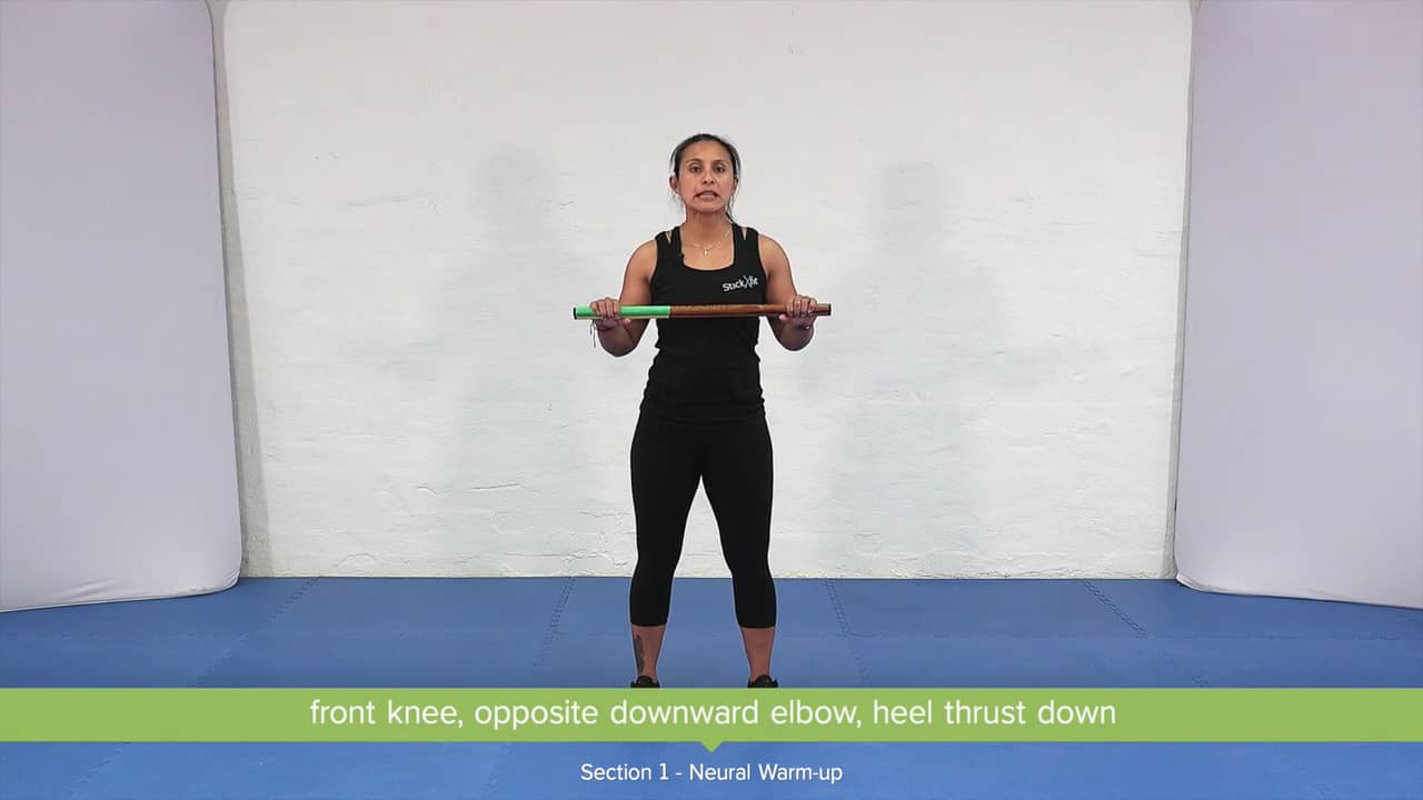 S1. front knee, opposite downward elbow, heel thrust down on Vimeo