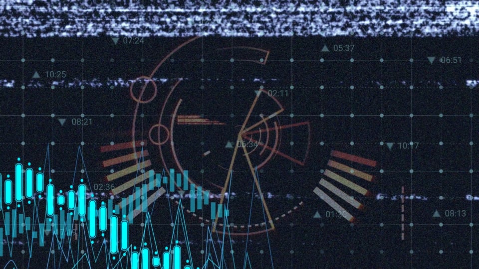 Animation of financial data processing with icons and scope scanning on black background Video ...
